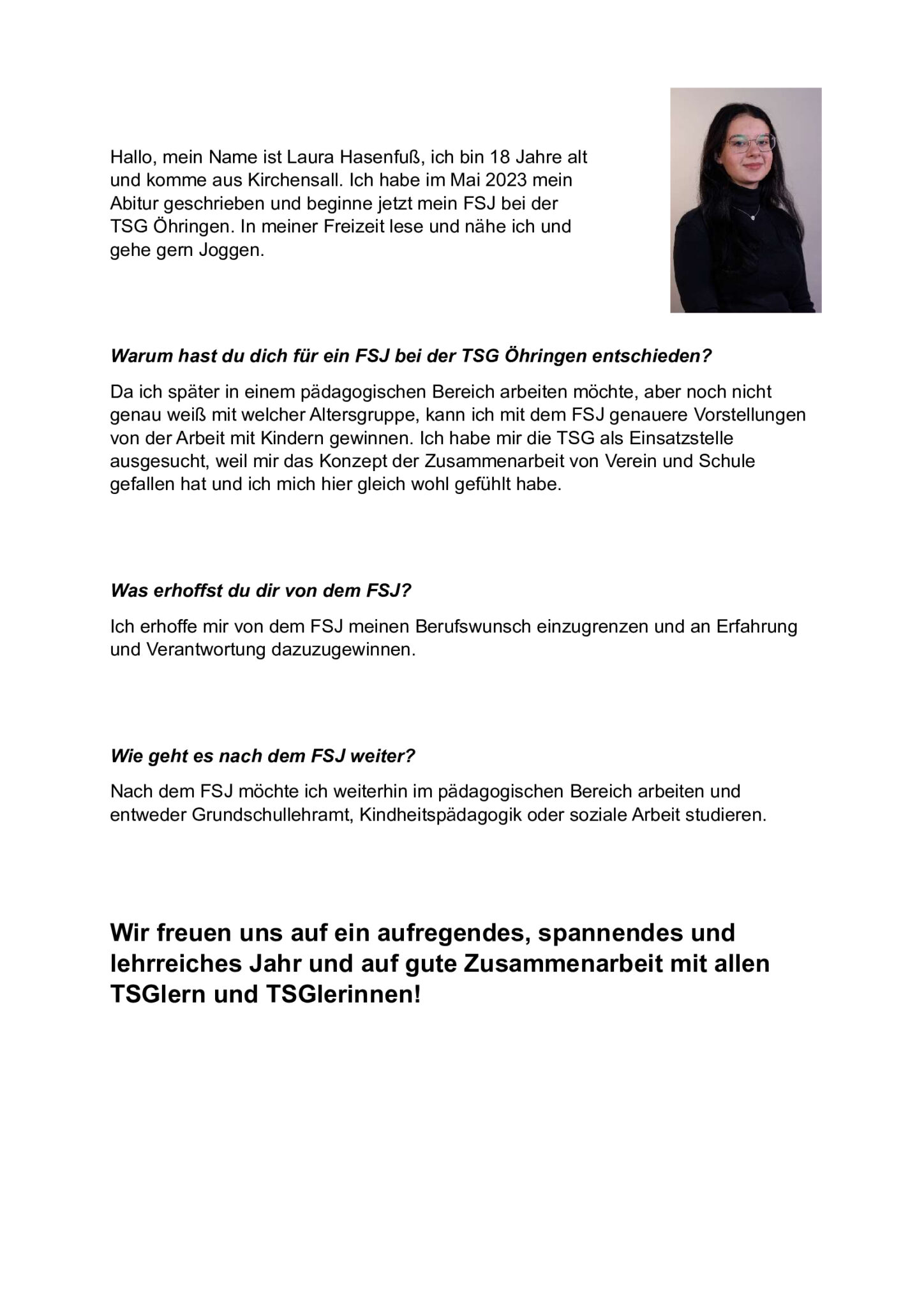 Vorstellung unserer FSJ'lerinnen Emilia + Laura - TSG Öhringen